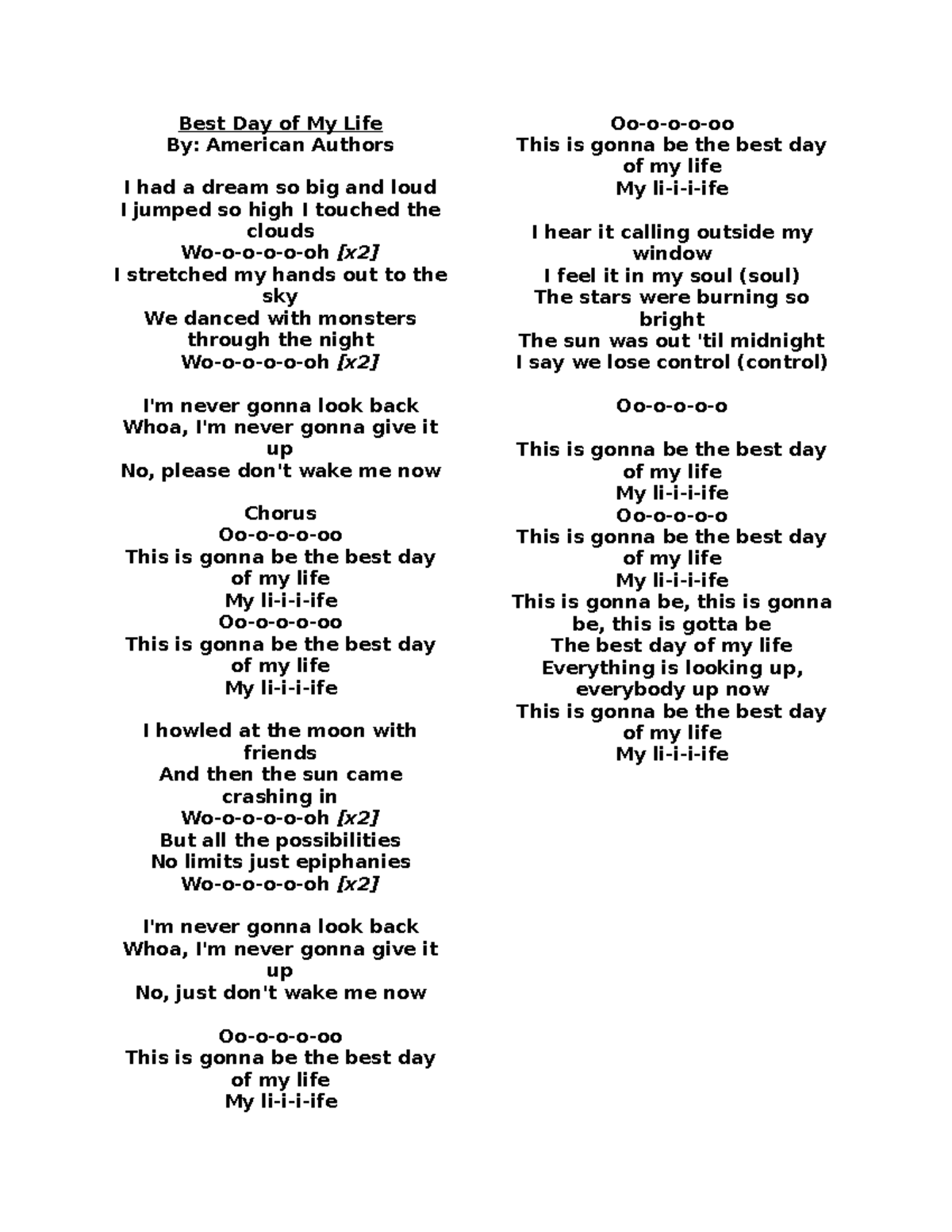 Best Day of My Life - American Authors Song Lyrics - Studocu