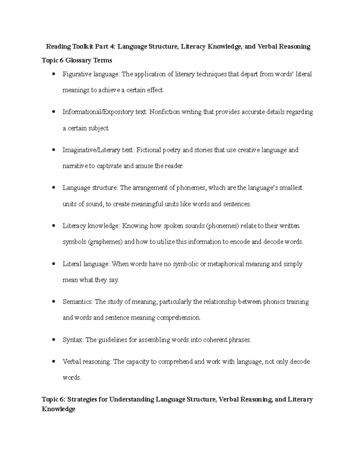 Reading Toolkit Part 4: Language Structure & Literacy Strategies - Studocu