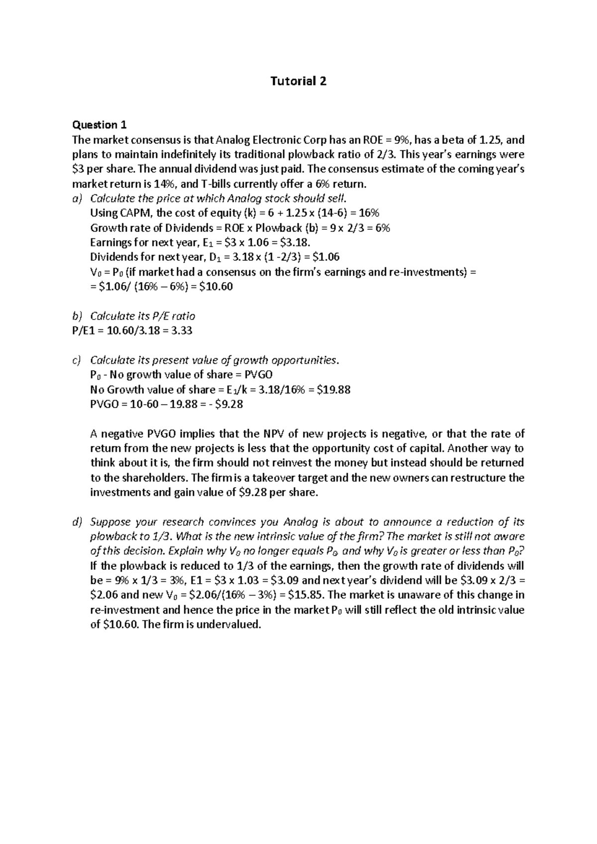 Tutorial 2 Solutions: Stock Valuation & Investment Strategies Analysis ...