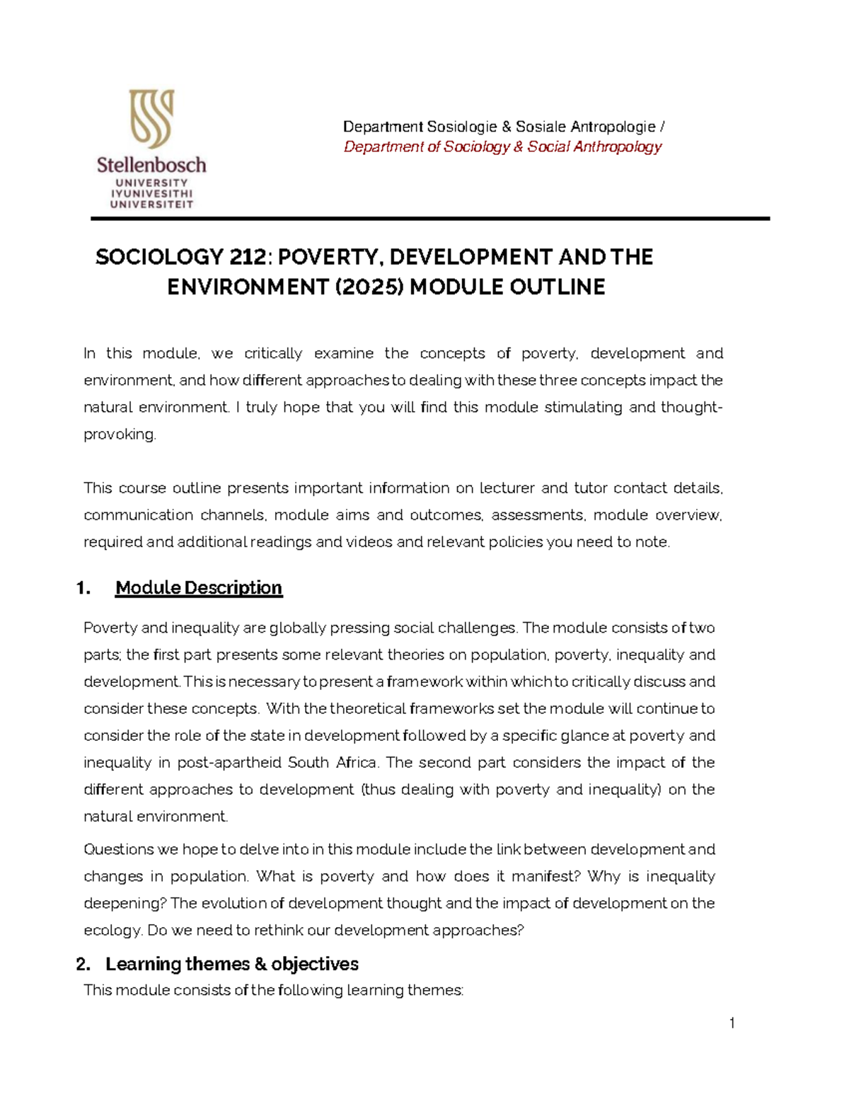 SOCIOLOGY 212: Poverty, Development & Environment Module Outline (2025 ...