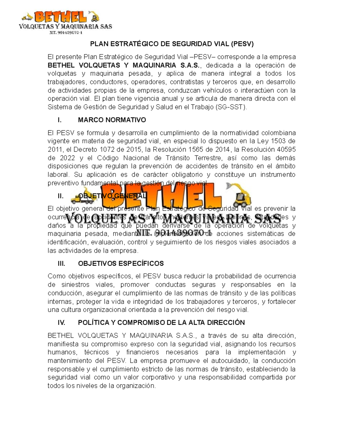 PLAN ESTRATÉGICO DE SEGURIDAD VIAL (PESV) - BETHEL VOLQUETAS - Studocu