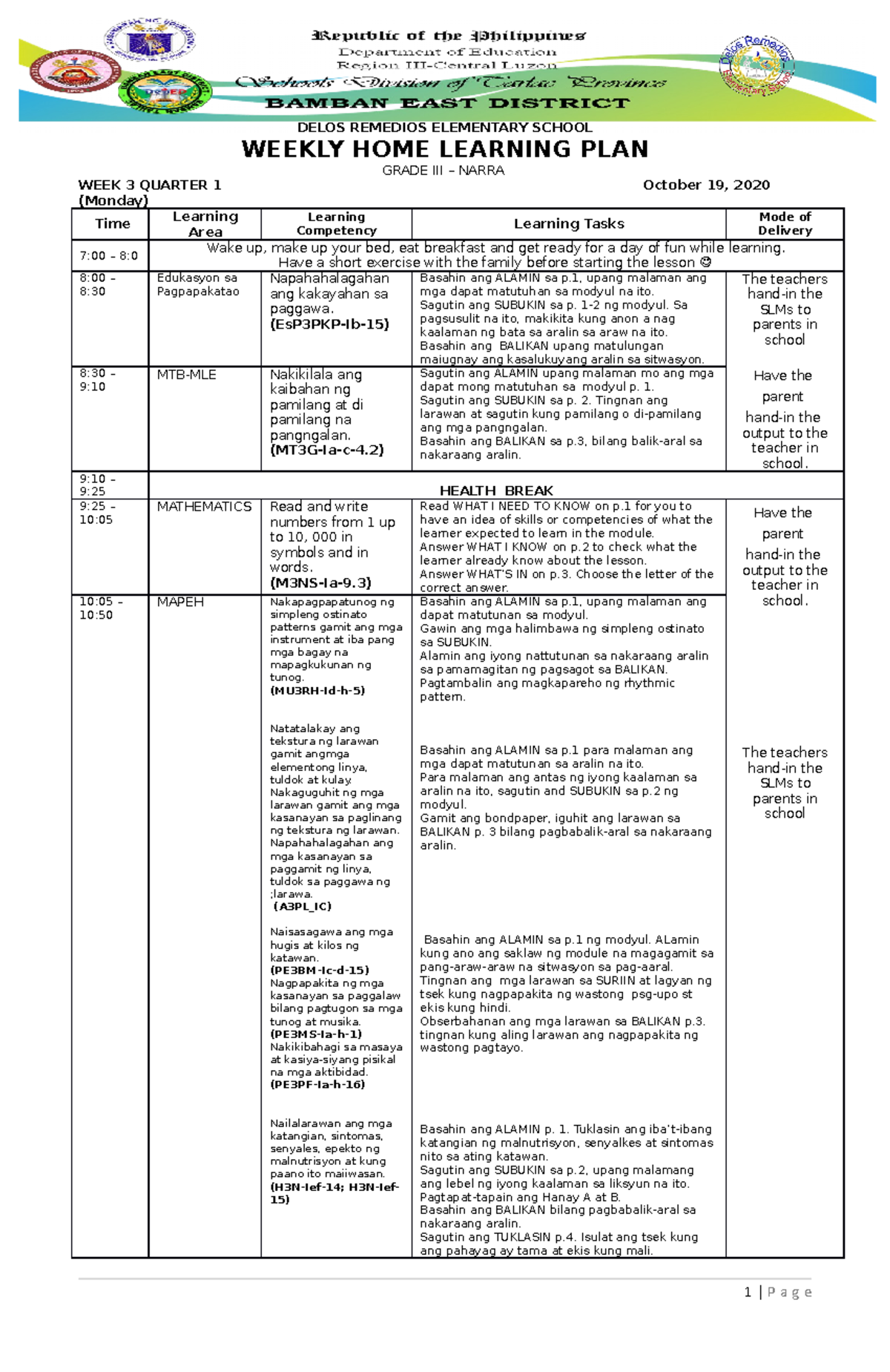 WHLP WEEK3 Grade 3 - lesson plan - DELOS REMEDIOS ELEMENTARY SCHOOL ...