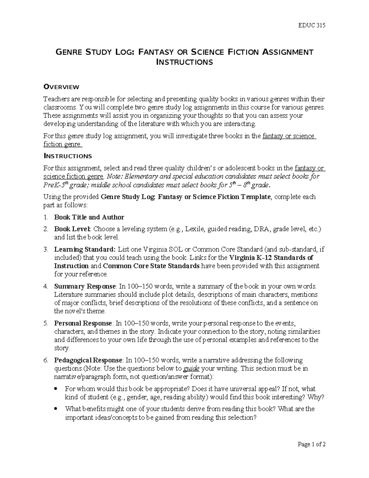 Genre Study Log: Fantasy or Sci-Fi Assignment - EDUC 315 Instructions ...