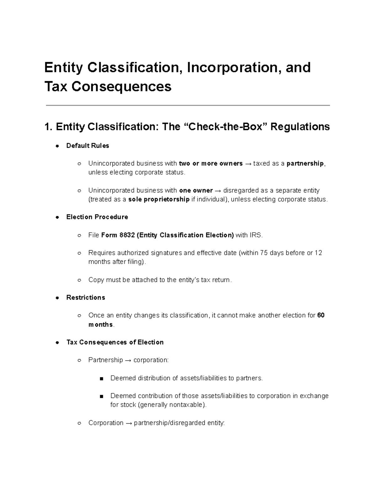 Entity Classification, Incorporation, and Tax Consequences Overview ...