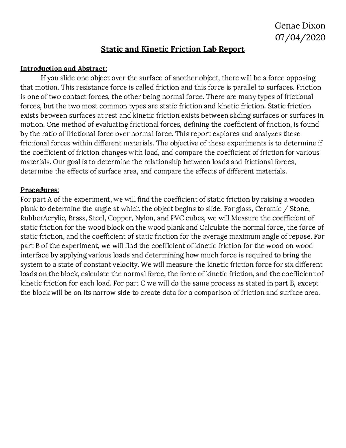 Static and Kinetic Friction Lab Report - 07/04/2020 Static and Kinetic ...