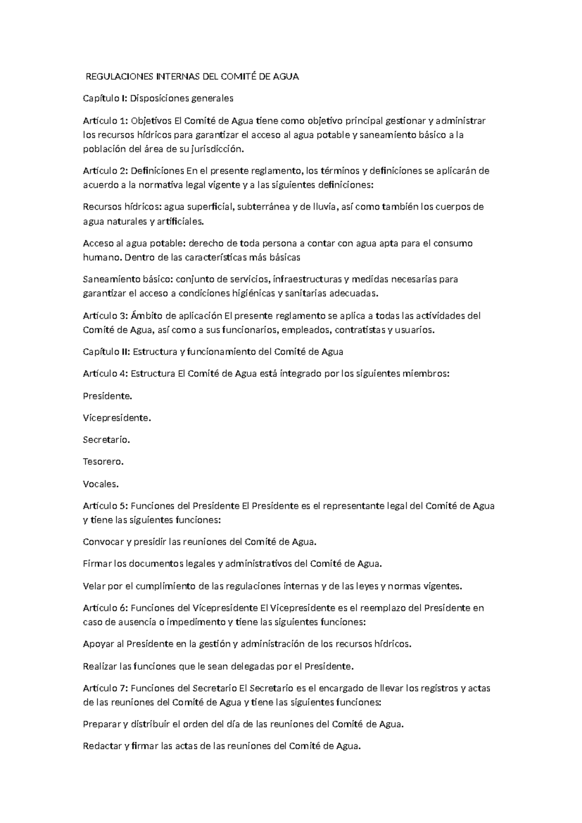 Reglamento Interno del Comité de Agua: Disposiciones Generales - Studocu