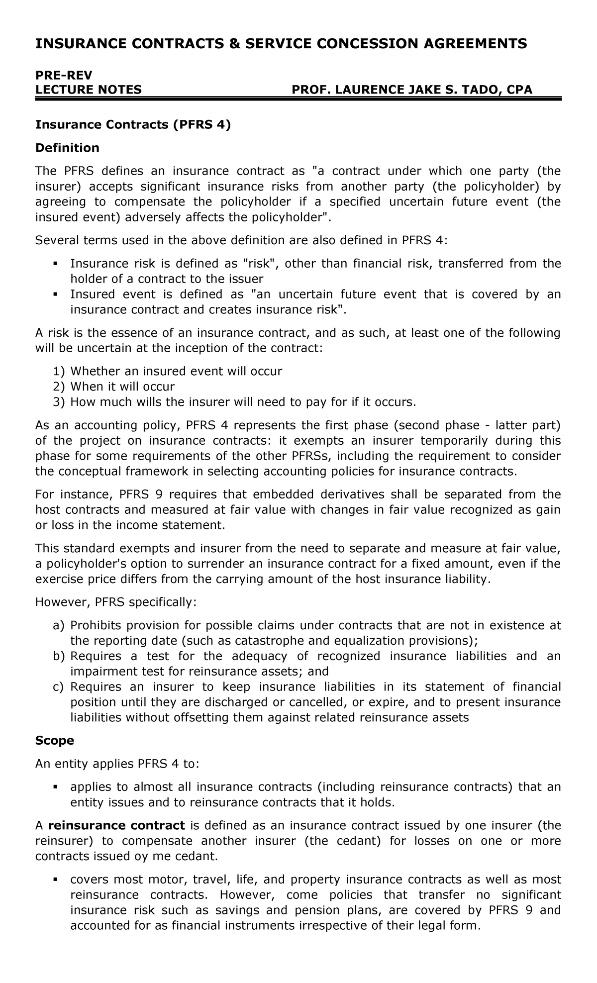 PFRS 4 Insurance Contracts & Service Concession Agreements Lecture ...