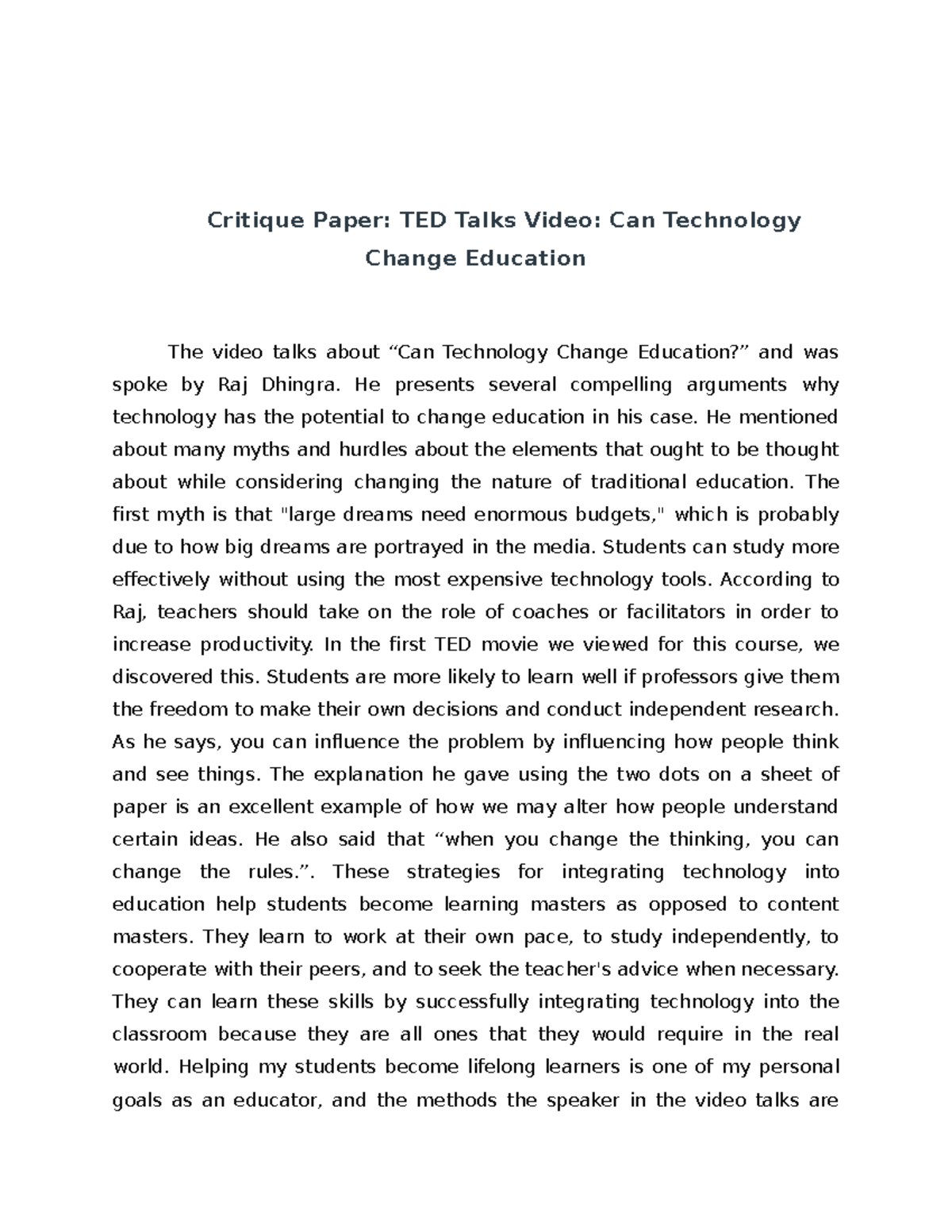 Critique Paper - TED Talks: Can Technology Transform Education? - Studocu