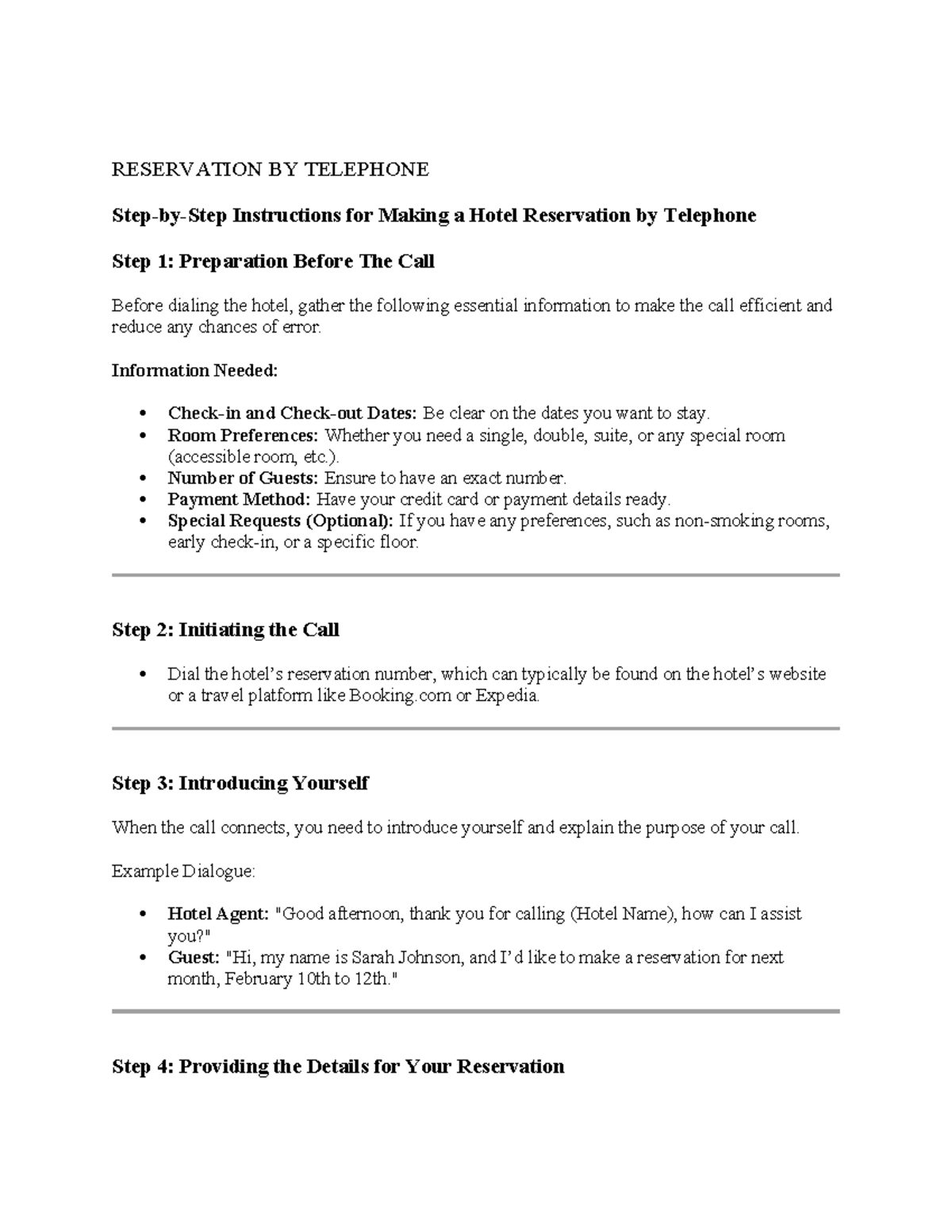 Reservation by Telephone: Step-by-Step Guide for Booking a Hotel - Studocu