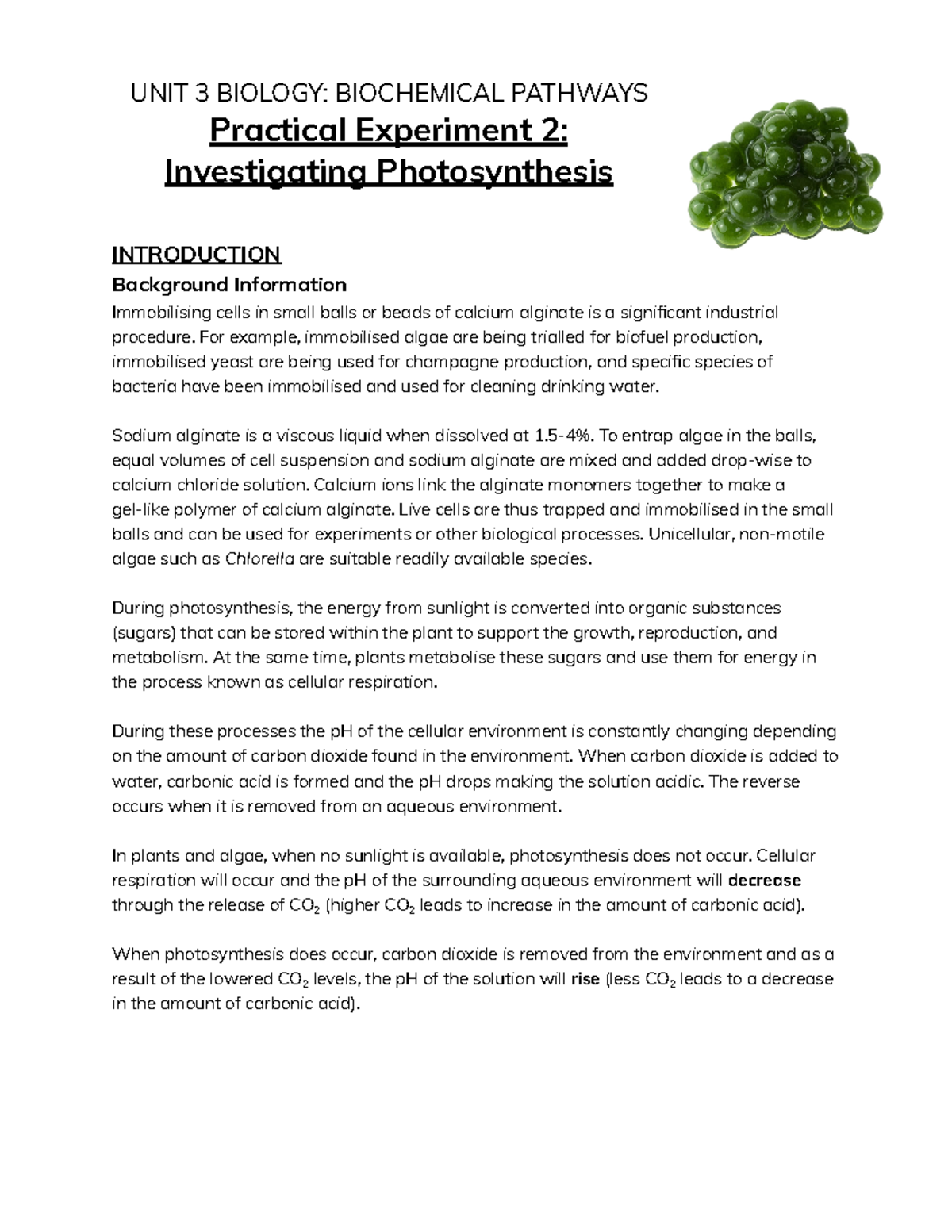 2024 Biology Unit 3 Practical Investigation on Photosynthesis - Studocu