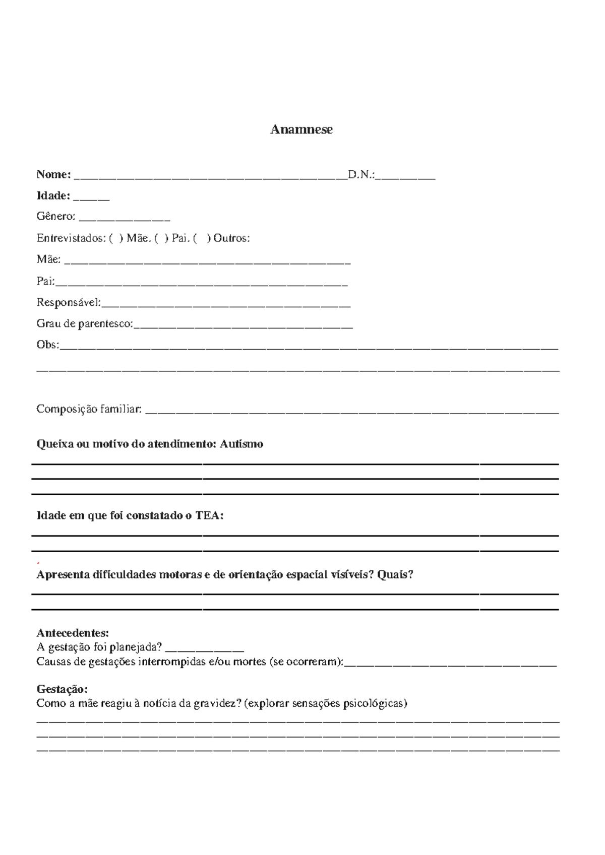 Anamnese TEA: Modelo Completo para Avaliação de Autismo - Studocu