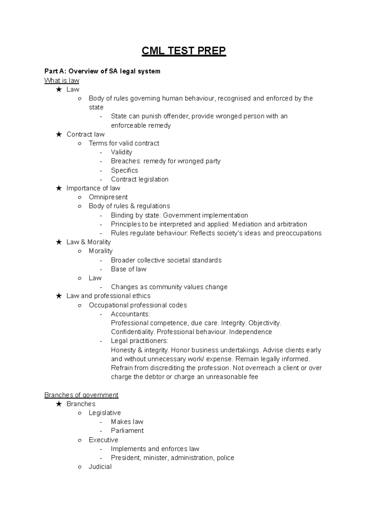 CML TEST PREP - Part A: Overview of South African Legal System Summary ...