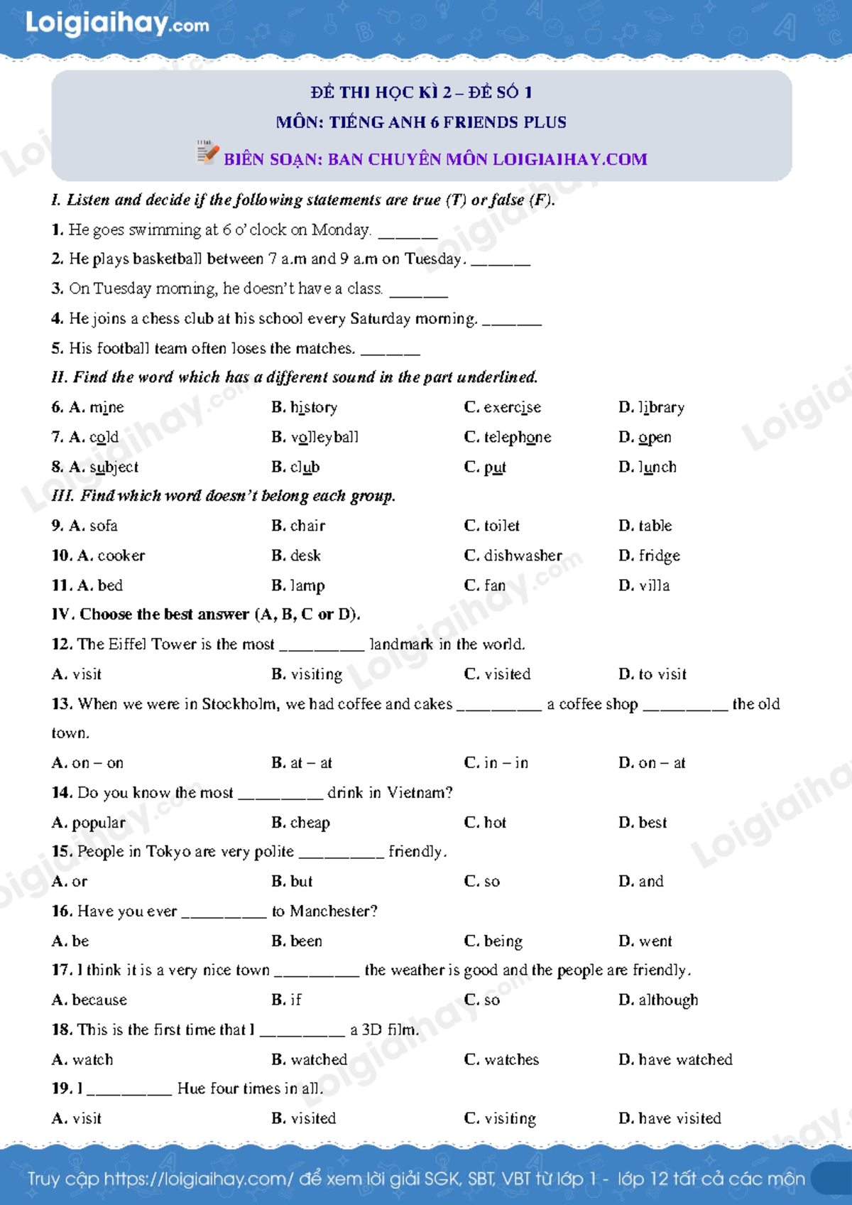 ĐỀ THI HỌC KÌ 2 MÔN TIẾNG ANH 6 FRIENDS PLUS - ĐỀ SỐ 1, 2, 3, 4, 5 ...