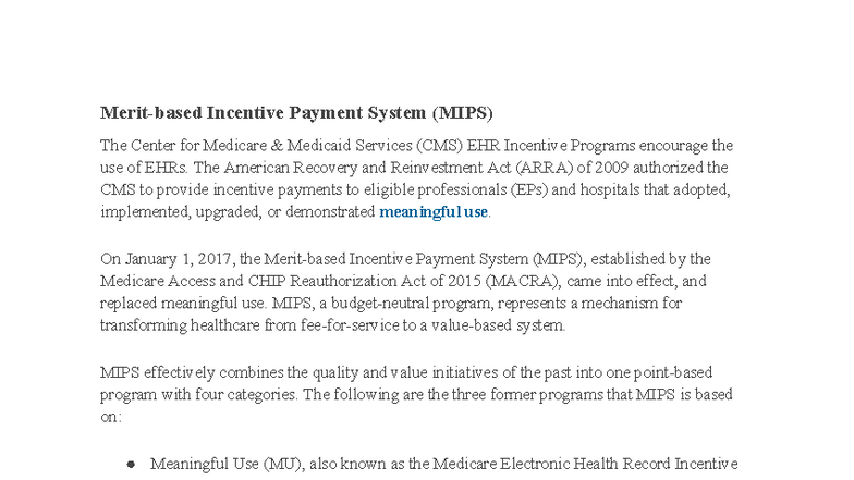Merit-based Incentive Payment System (MIPS) Overview & Categories - Studocu
