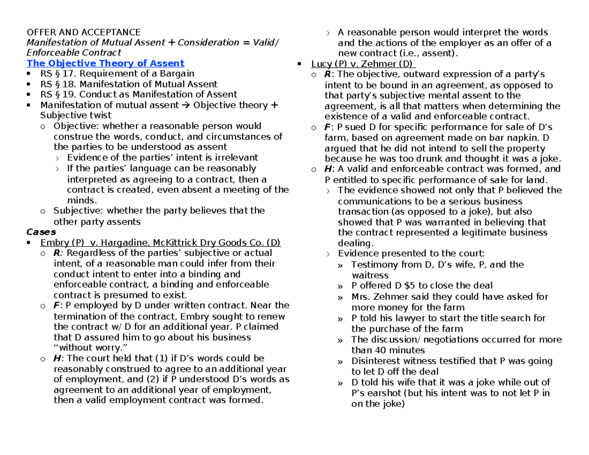 Contracts - Attack Outline: Offer, Acceptance, and Consideration ...