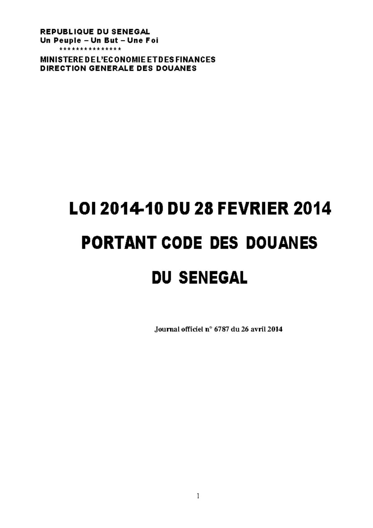 Senegal Code des Douanes 2014: Principes et Réglementations - Studocu