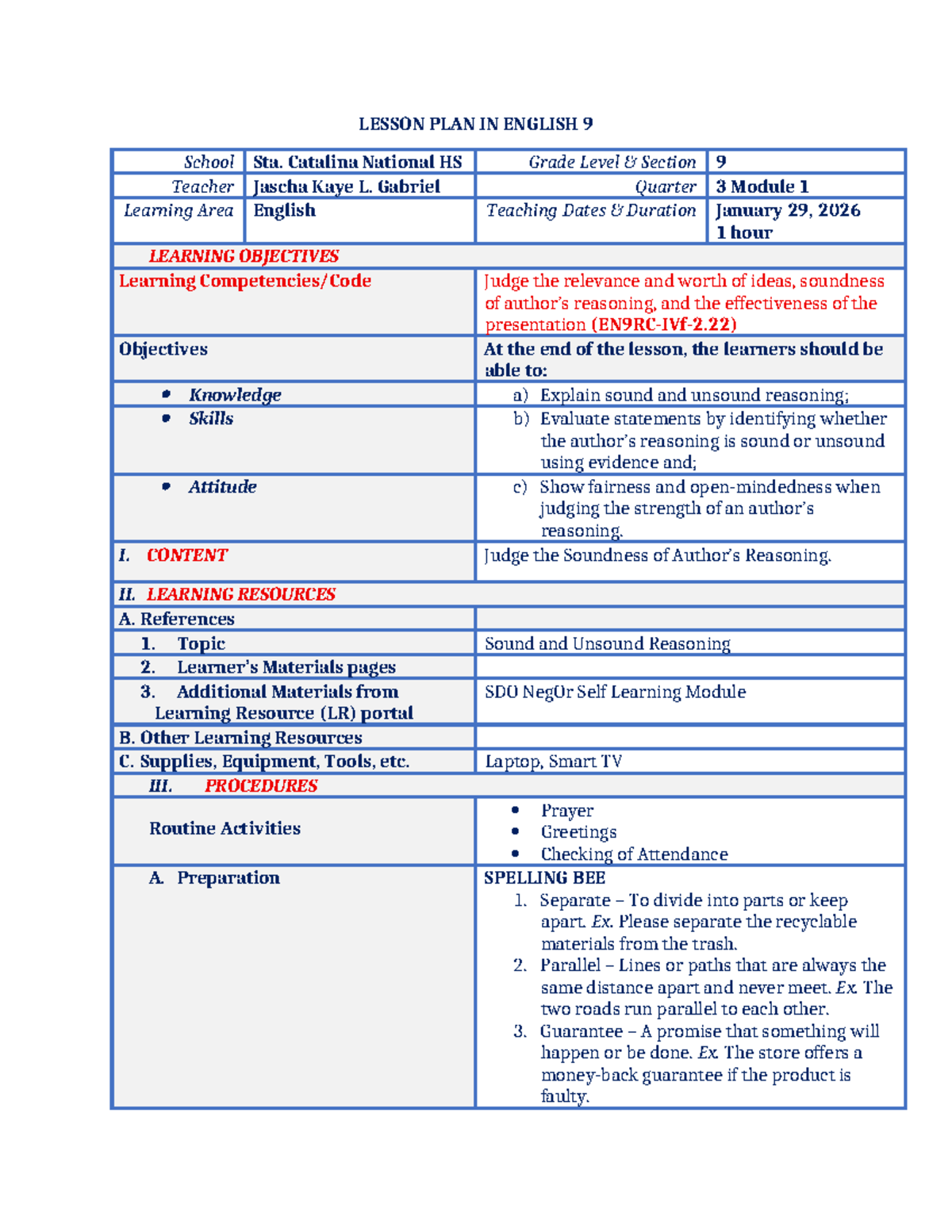 Lesson Plan: Judging Soundness of Reasoning in English 9 (Q3 M1) - Studocu