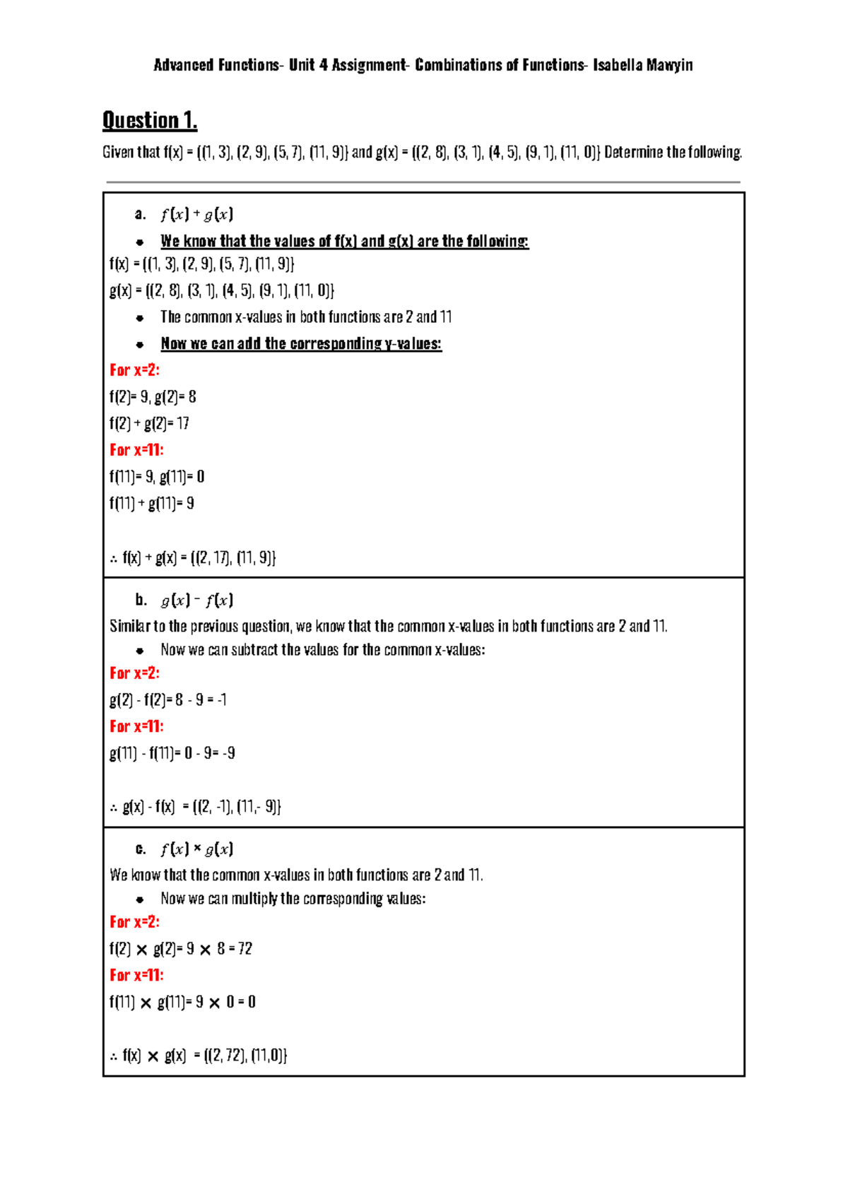Advanced Functions - Unit 4 Assignment: Combinations of Functions - Studocu