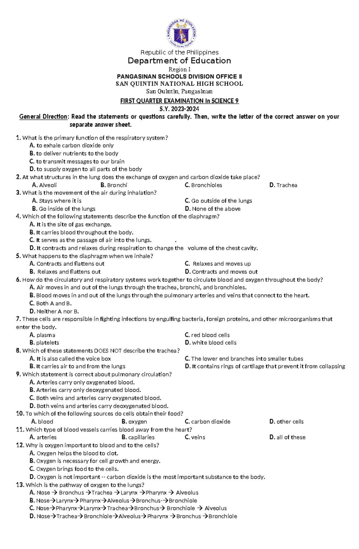 Science 9 Q1 Exam Review: Respiratory & Circulatory Systems Insights ...