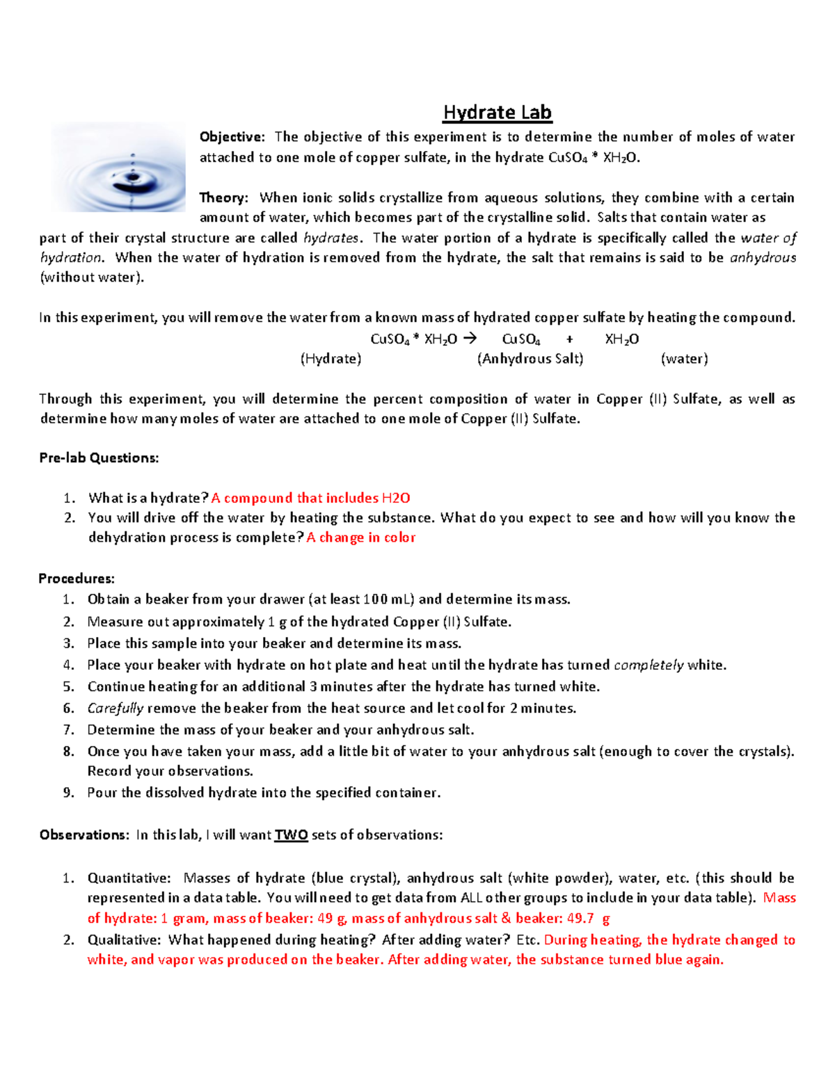 Hydrate Lab Experiment: Copper Sulfate CuSO4 * XH2O Analysis - Studocu