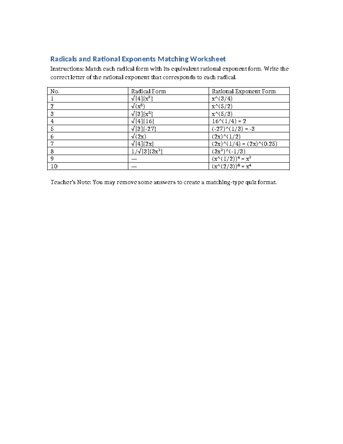 Radicals and Rational Exponents Matching Worksheet - Radicals and ...