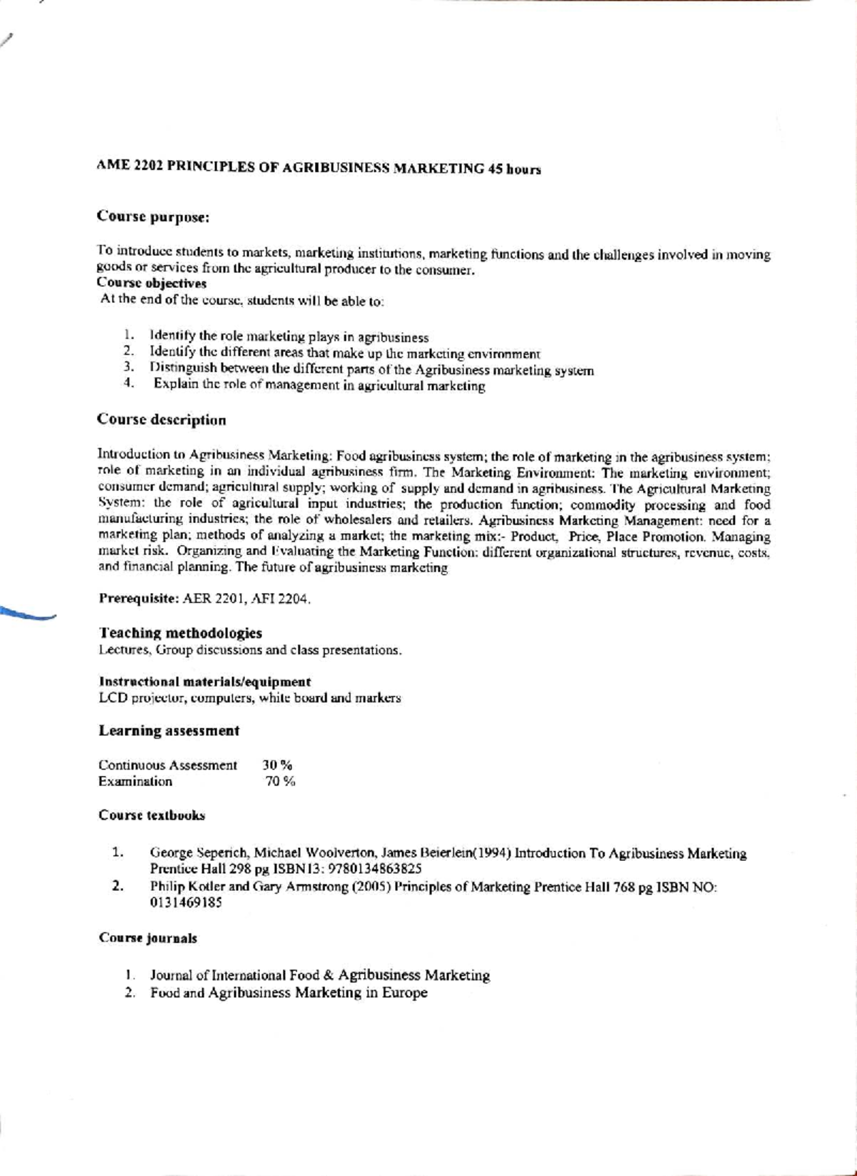AME 2202 Agribusiness Marketing Principles: Course Overview ...