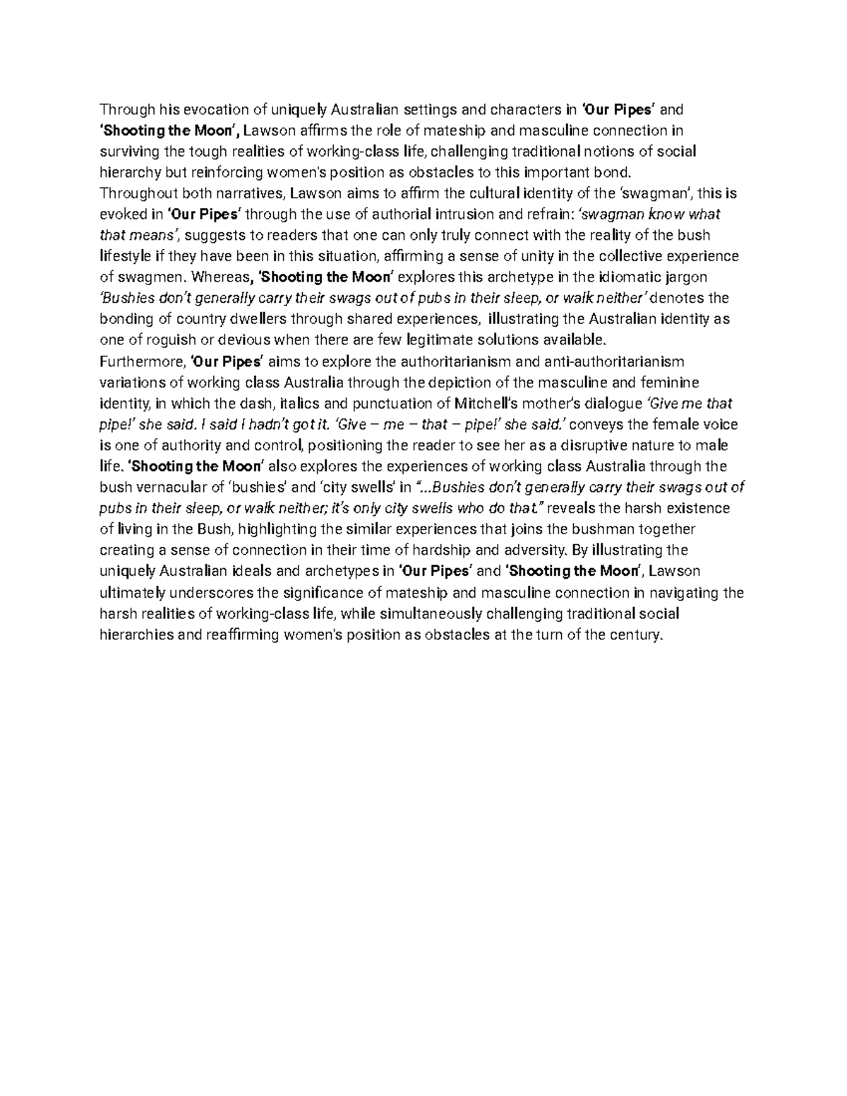 Comparative Analysis: 'Our Pipes' & 'Shooting the Moon' Insights - Studocu