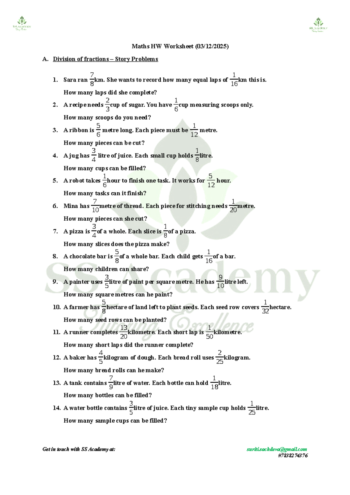 Maths HW Worksheet 03122205: Division of Fractions & Neg. Numbers ...