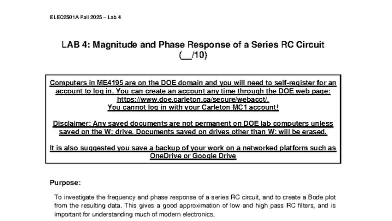 ELEC2501A Fall 2025 Lab 4: Analyzing RC Circuit Response and Bode Plots ...
