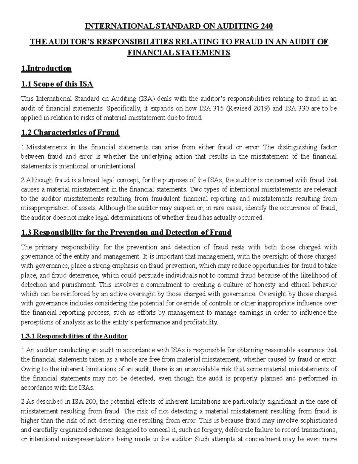 ISA 240 assignment - isa 240 asignme t containing all infor related to ...
