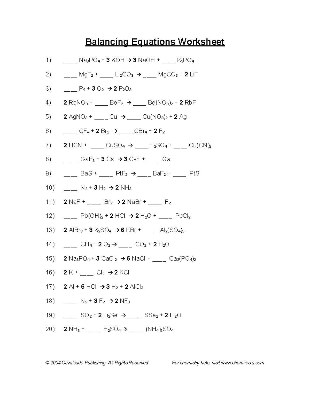 Balancing Chemical Equations Worksheet for Chemistry 101 - Studocu