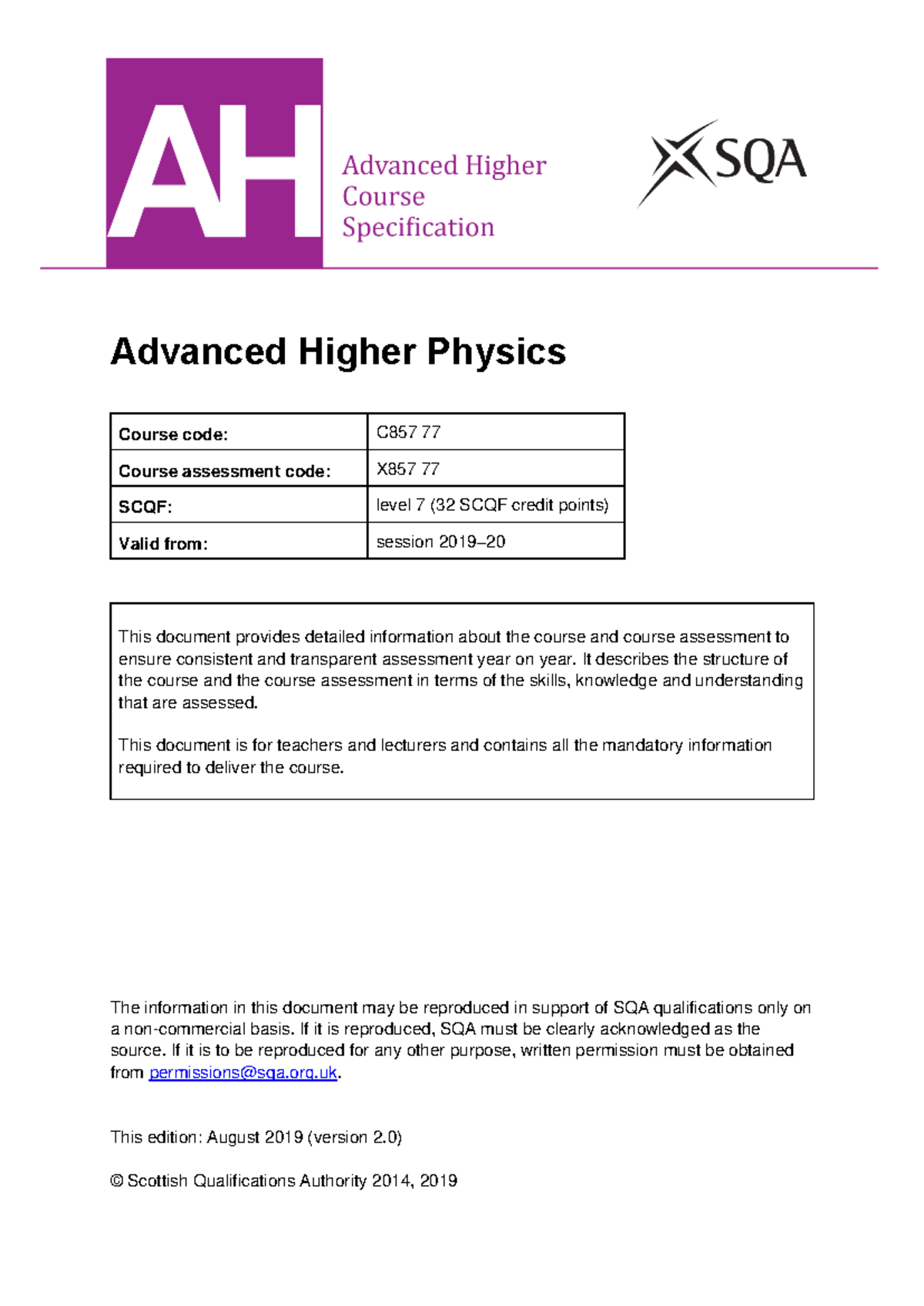 Advanced Higher Physics Course Specification: C857 77 - Studocu
