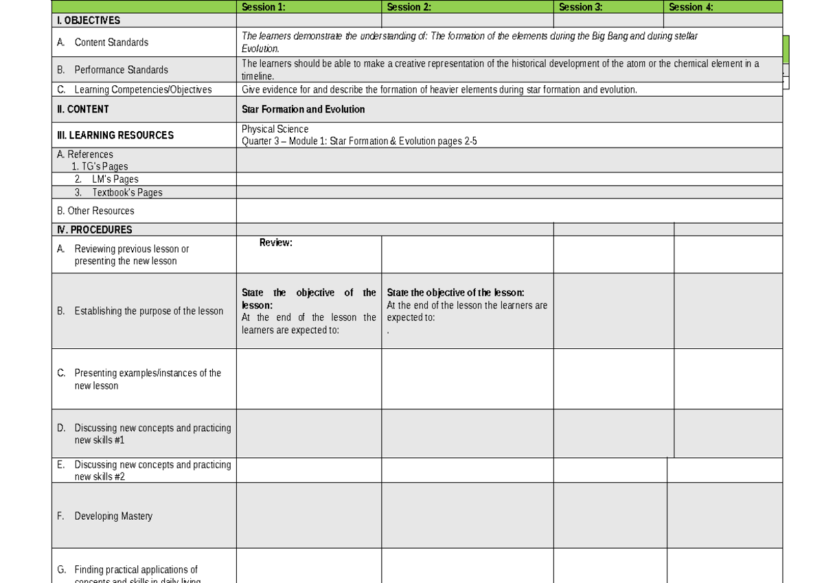 Grade 11 Earth Life Science - Week 1 Lesson Plan on Star Formation ...