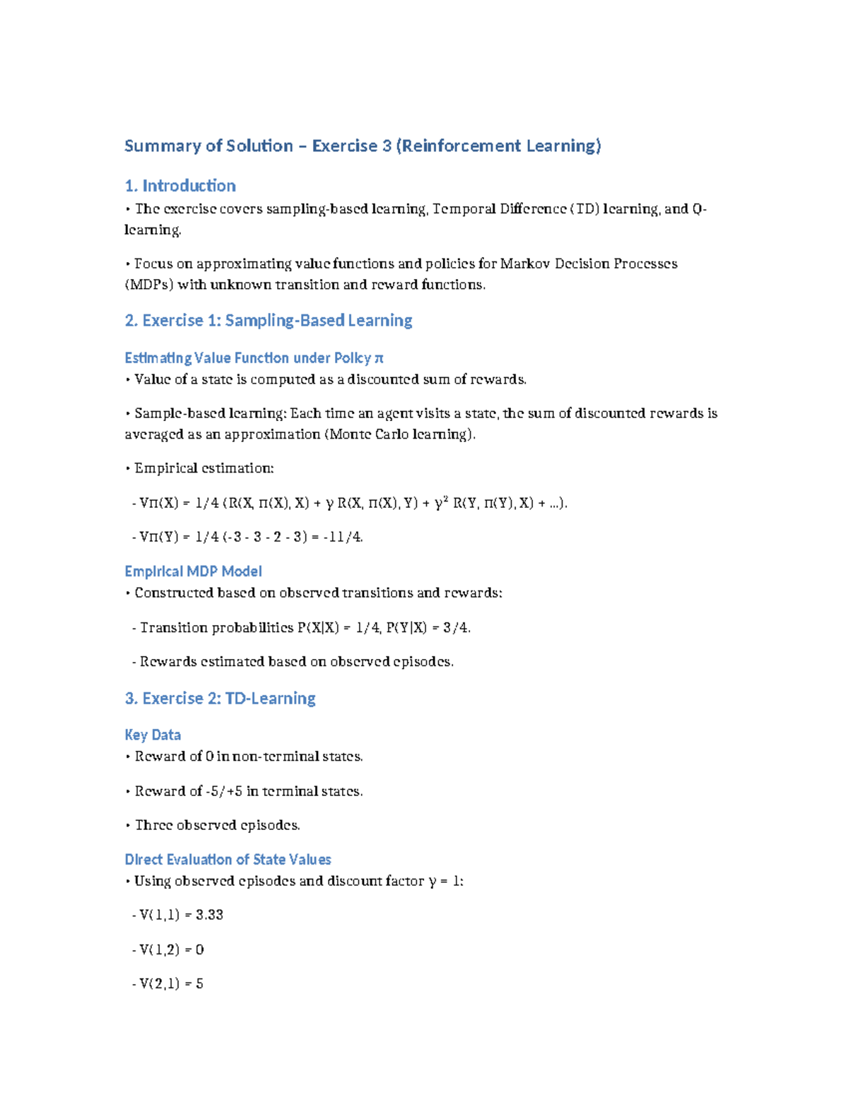 Summary Exercise 3 RL - Summary of Solution – Exercise 3 (Reinforcement ...