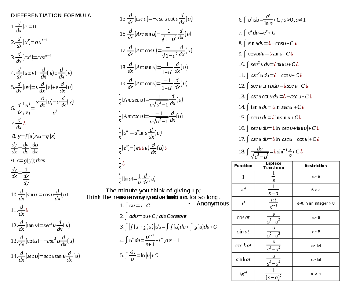 Differentiation and Integration Formulas for EM 101 - Studocu
