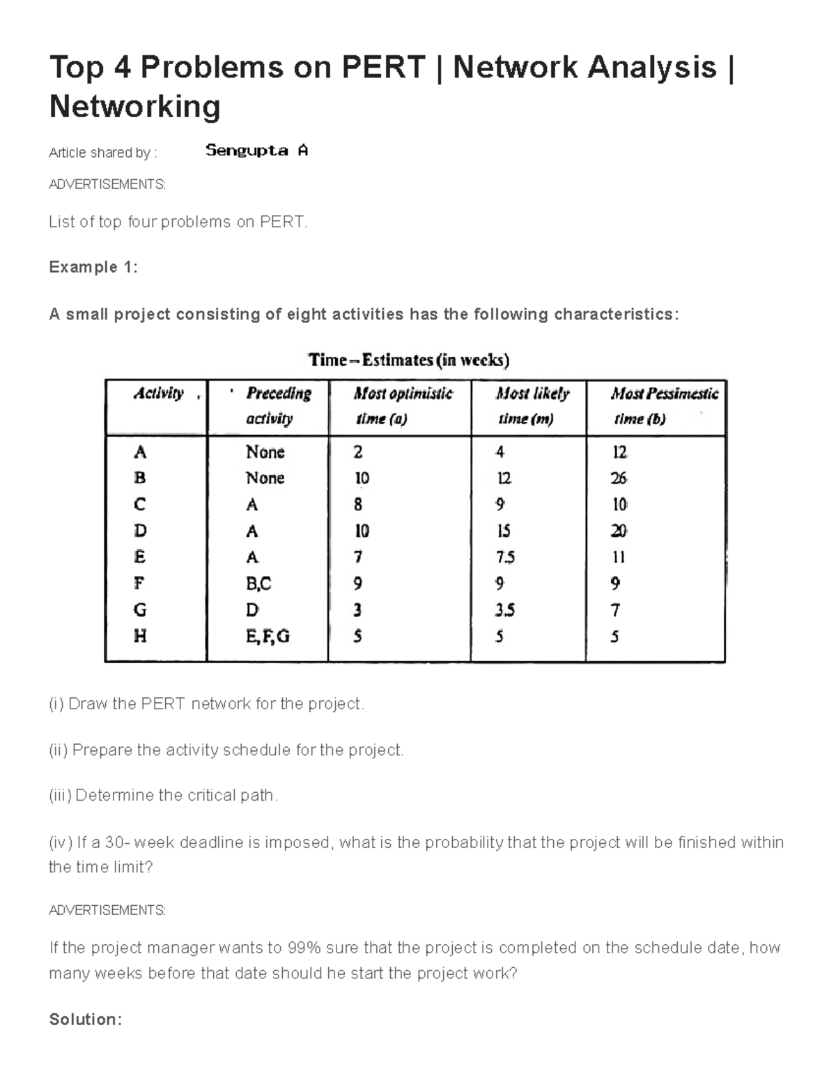 Operations Research: PERT Networking Problems - Part II Analysis - Studocu
