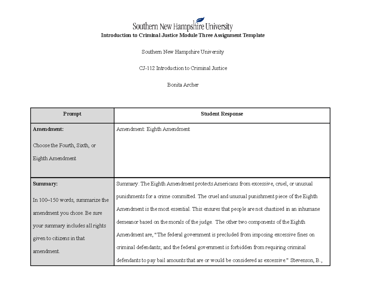 CJ 112 Eighth Amendment Assignment Template & Summary Analysis - Studocu