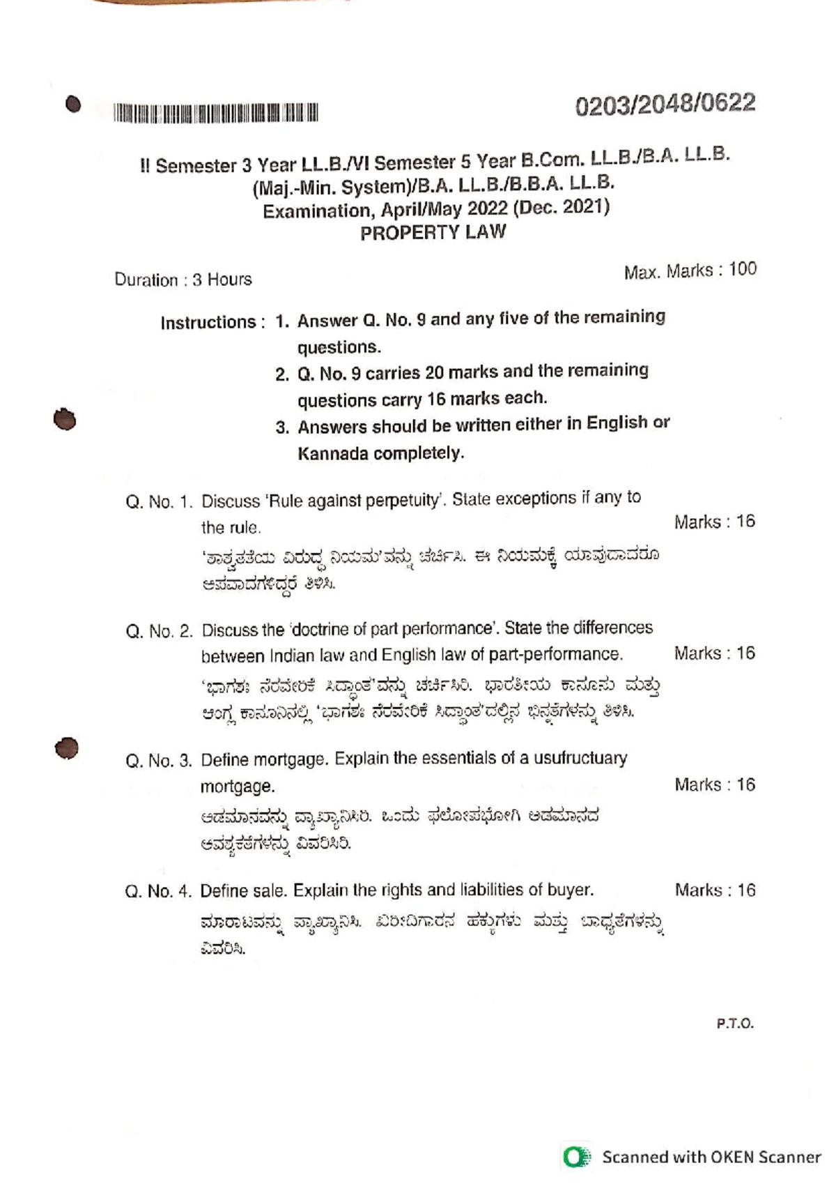 B.Com. LL.B. Property Law Exam Paper - II Sem, Dec 2021 - Studocu
