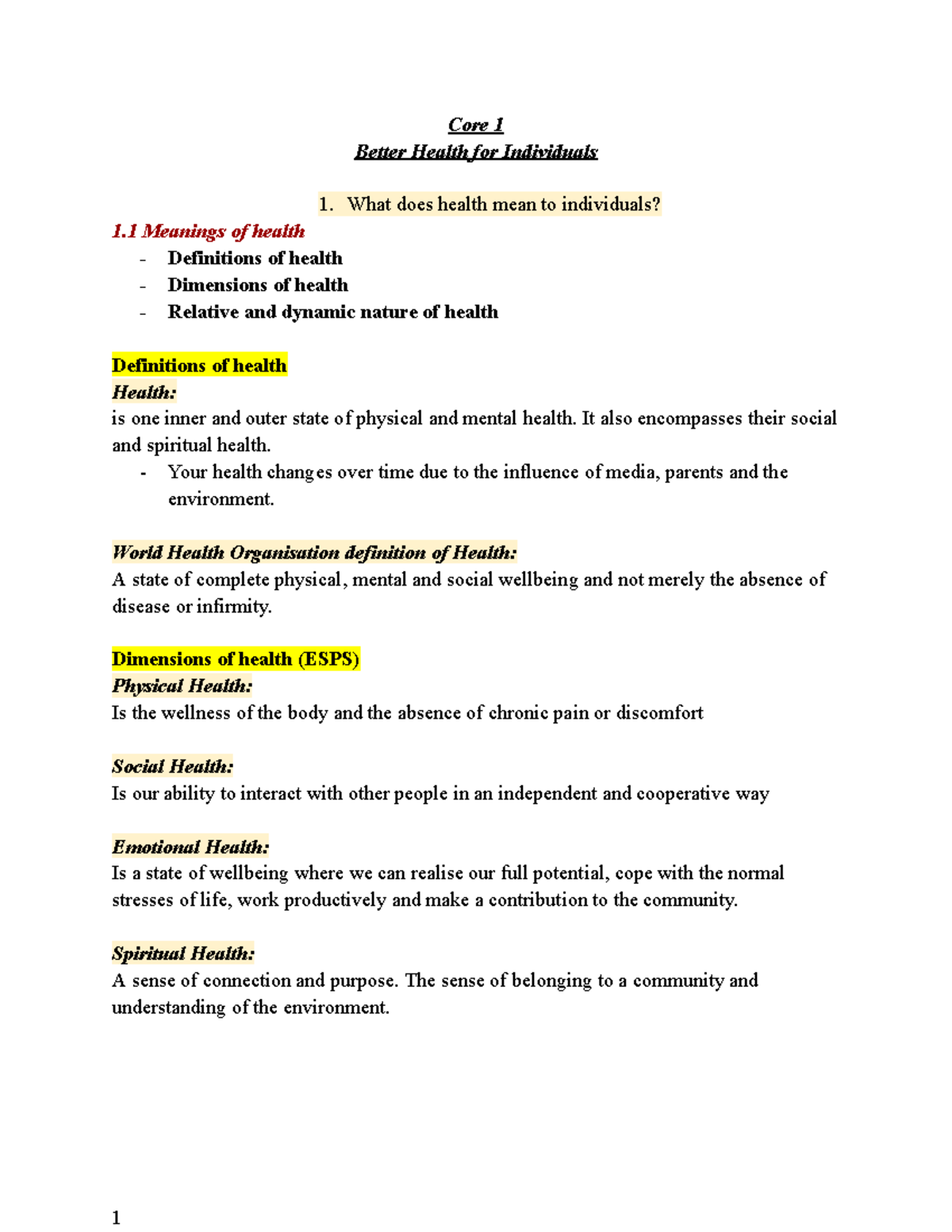 Core 1 & 2 Notes - Core 1 Better Health for Individuals What does ...