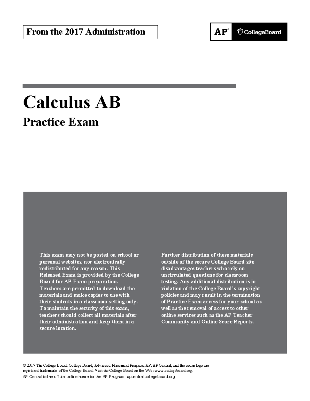 AP® Calculus AB 2017 Practice Exam Instructions and Guidelines - Studocu