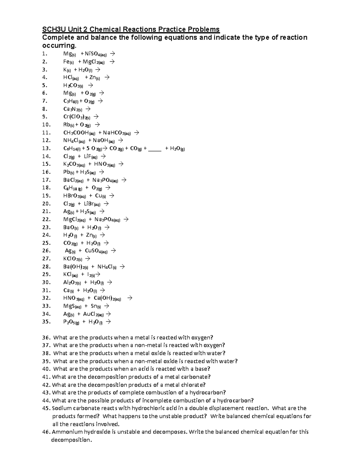 SCH3U Unit 2 Chemical Reactions Practice Problems & Solutions - Studocu