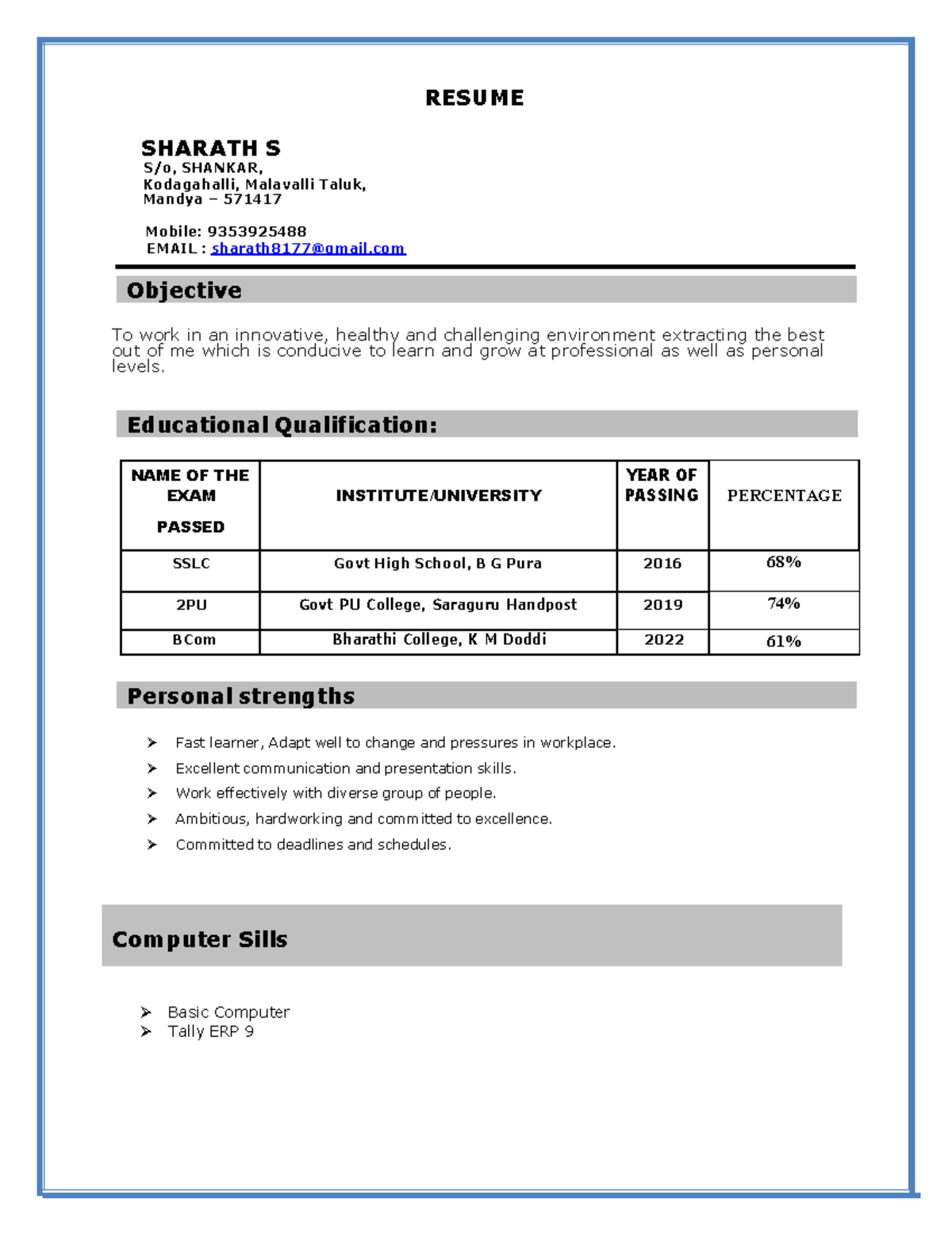Resume Sharath S Computer Sills Resume Sharath S S O Shankar