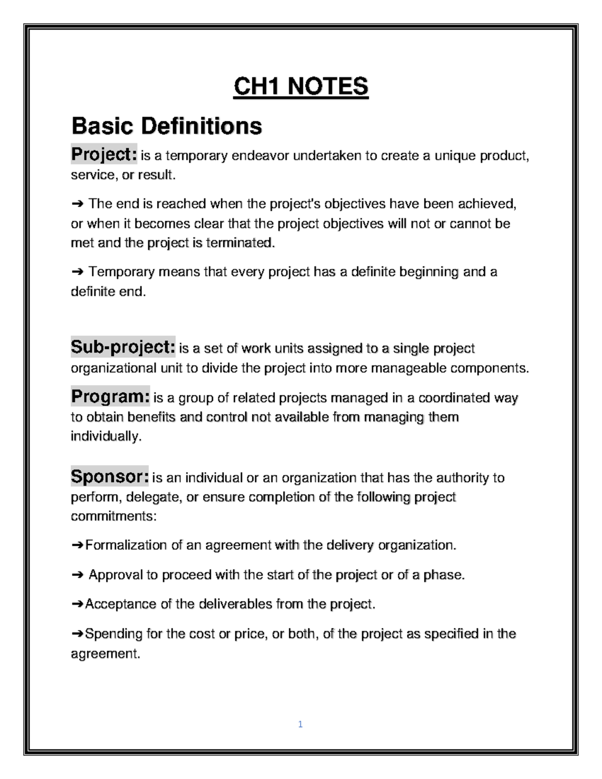 PMP Notes: Chapter 1 Summary on Project Management Fundamentals - Studocu