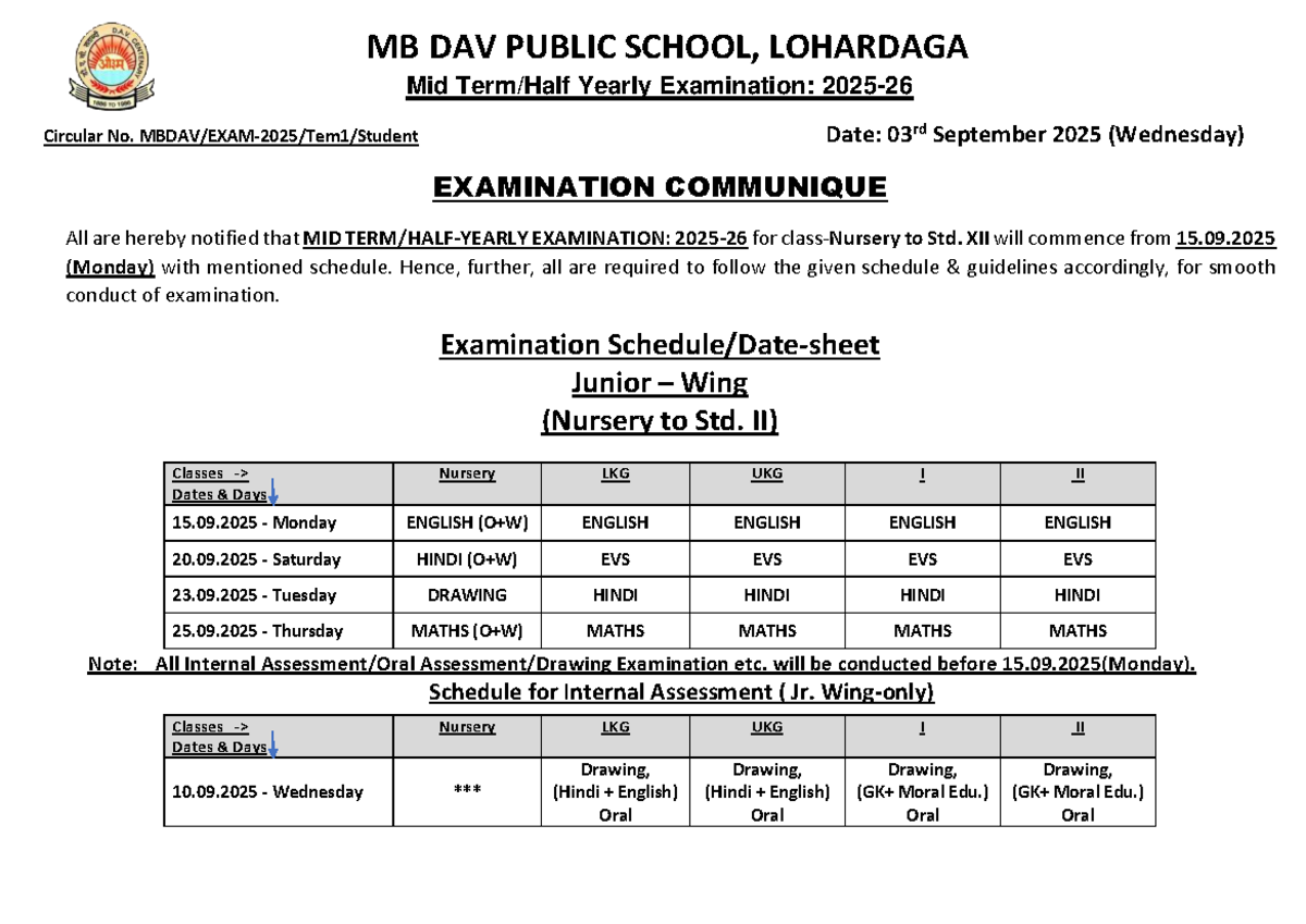 MB DAV PUBLIC SCHOOL Mid Yearly Examination Notice 2025-26 - Studocu