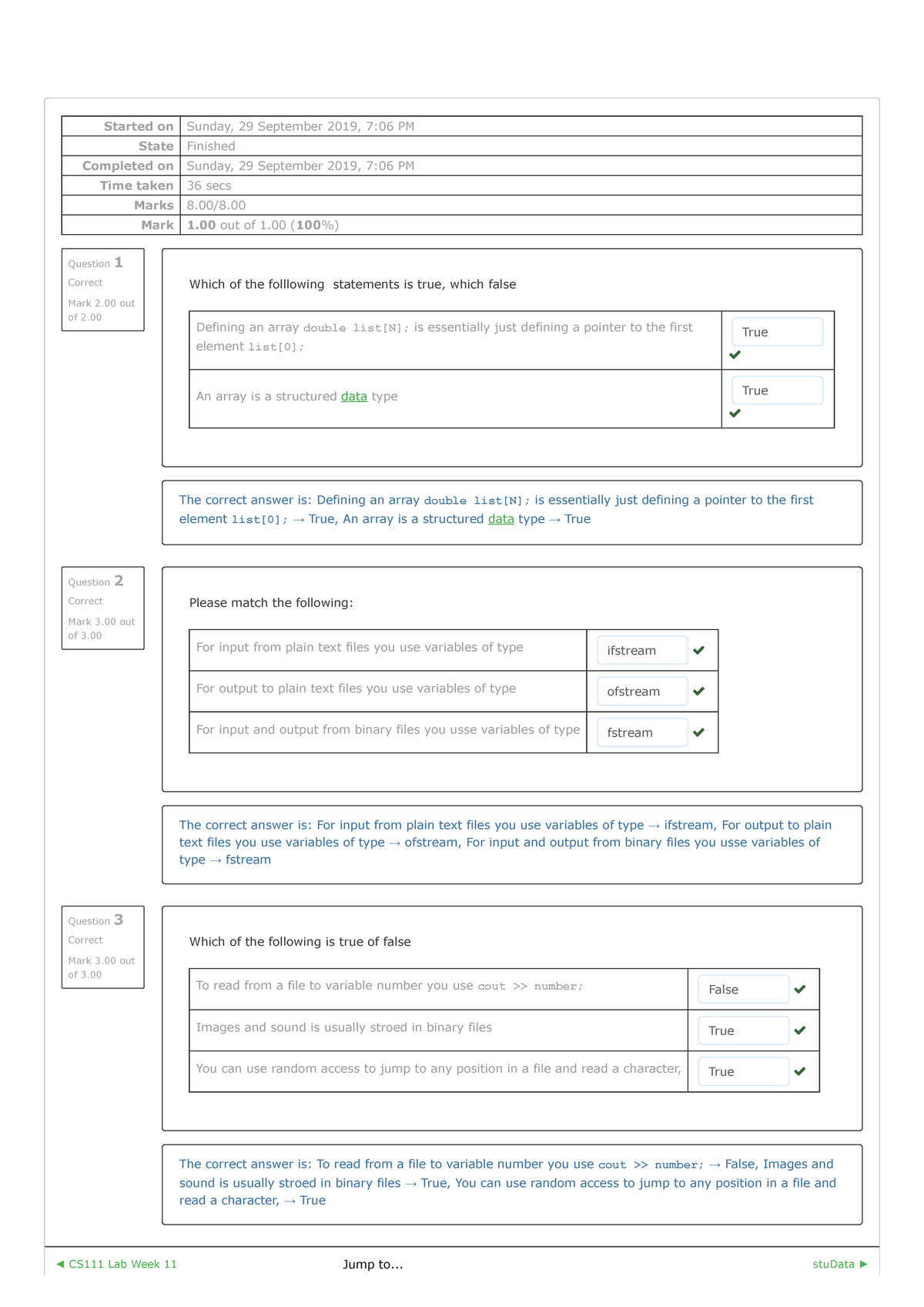 CS111 Quiz Week 11 Attempt Review and Results Summary - Studocu