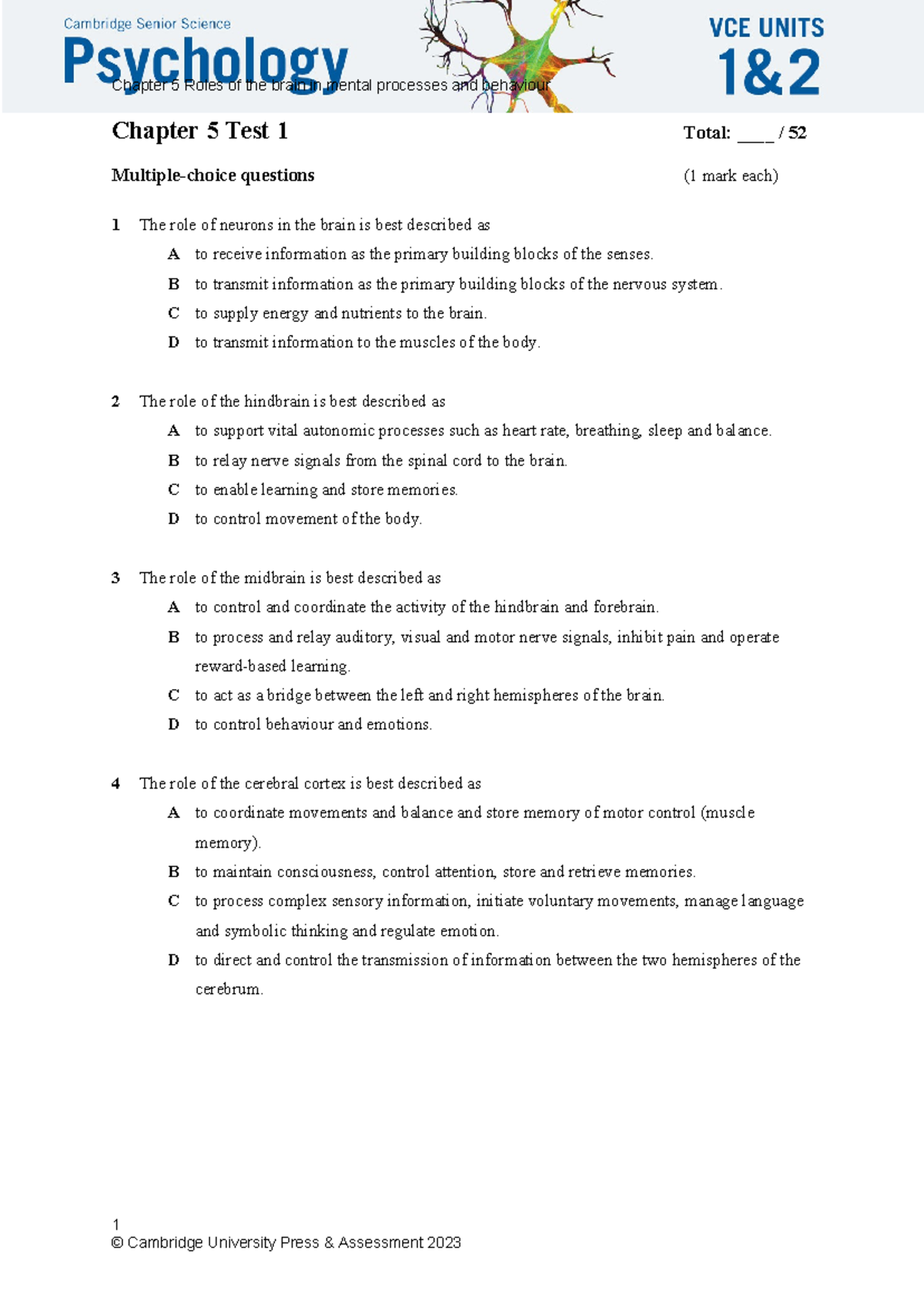 Chapter 5 Review Test: Brain Roles in Mental Processes & Behavior - Studocu