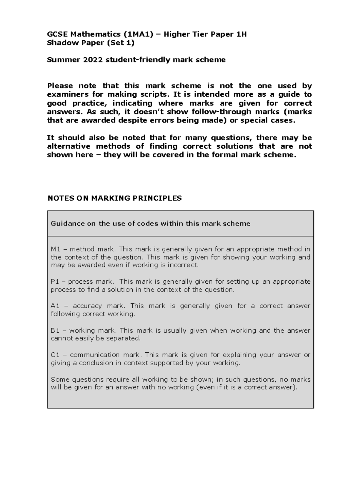 GCSE Mathematics (1MA1) Higher Tier Paper 1H Summer 2022 Mark Scheme ...