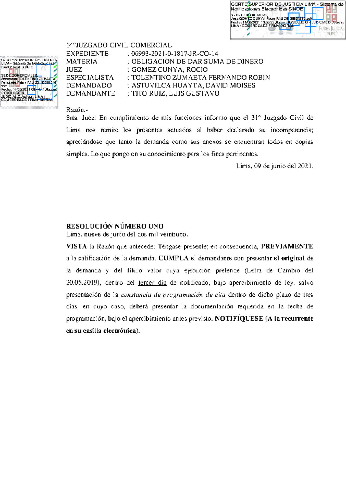 Resolución Judicial - Exp. Obligación de Dar Suma de Dinero FAU ...