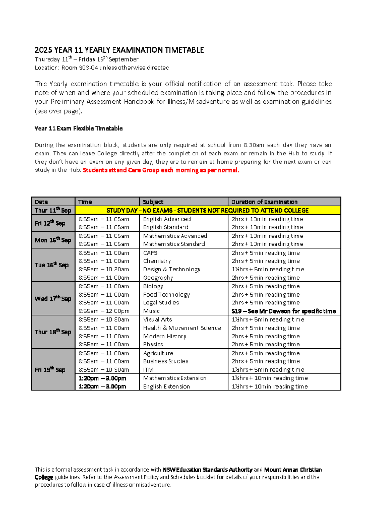 2025 Yr 11 Yearly Exam Timetable: Important Dates & Details - Studocu