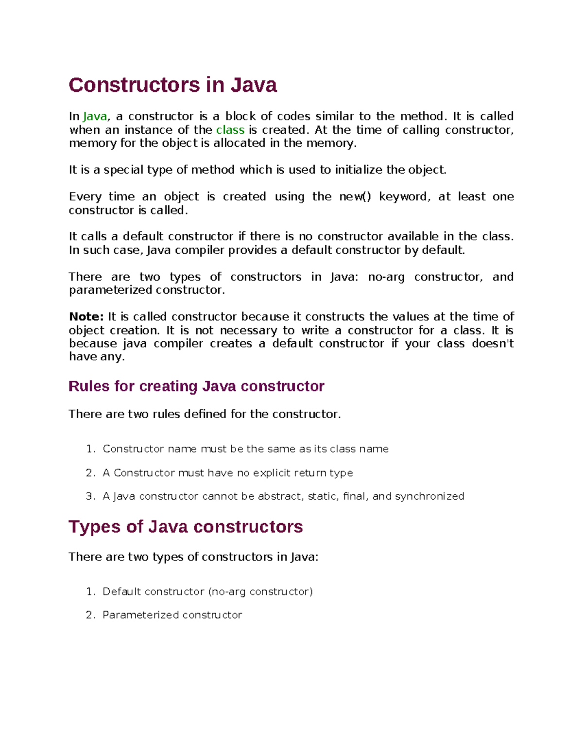 Java Constructors: Types, Rules, and Overloading Explained - Studocu